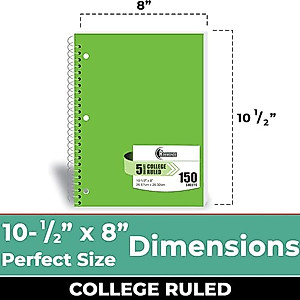 Rosmonde 5 Subject Spiral Notebook College Ruled, 6 Pack, 300 Pages (150 Sheets), 8" x 10-1/2", School & Office Note Books, Sturdy Spiral Bound, Soft Cover, Assorted Fun Colors, 5 Subject Notebooks
