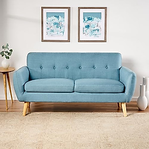 KEIKI 67" Loveseat Sofa Couch with Button-Tufted Waffle Stitch Mid-Century Modern Design for Bedroom, Blue