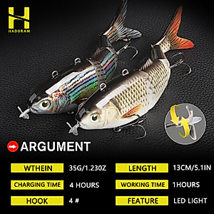 Robotic Swimming Lure 5.1” Fishing Lure 4-Segement Multi Jointed Swimbait Electric Bait LED Light USB Rechargeable Robotic Lure for Bass Trout Pike Fishing Tackle