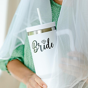 Hacienda Art & Home Bride's 40 Oz Tumbler with Handle and Straw - Insulated Stainless Steel Water Bottle Fits in Car Cup Holder - Bachelorette Gift, Bridal Shower Gift (Bride White)