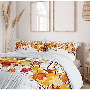 Ambesonne Fall Duvet Cover Set, Image of Canadian Maple Tree Leaves in Autumn Season Soft Reflection Effects, Decorative 3 Piece Bedding Set with 2 Pillow Shams, Queen Size, Orange White