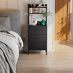 Fixwal 41 Inch Tall Nightstand with Charging Station, Led Night Stand with U-S-B Port & Socket, 3 PU Finished Fabric Storage Drawers, Office, Bedside Table & Bookshelf in One, Black