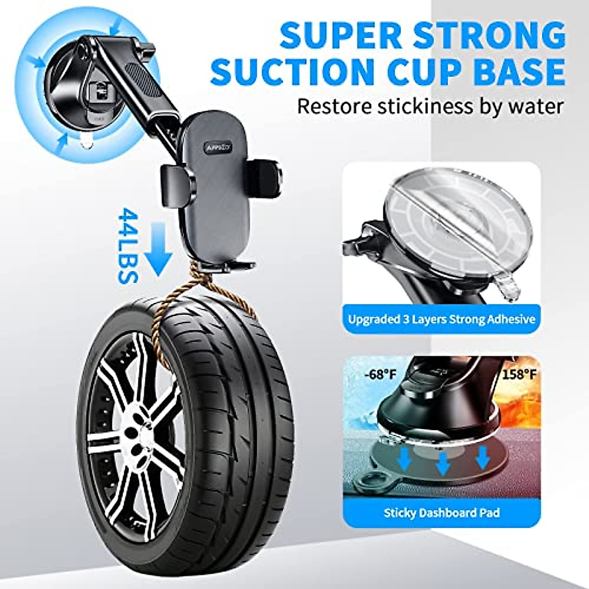 APPS2Car Phone Mount for Car, 3-in-1 Suction Cup Phone Holder for Car Dashboard Windshield Vent Universal Cell Phone Holder for Car, Compatible with iPhone, Samsung, All Cellphone, Thick Case Friendly