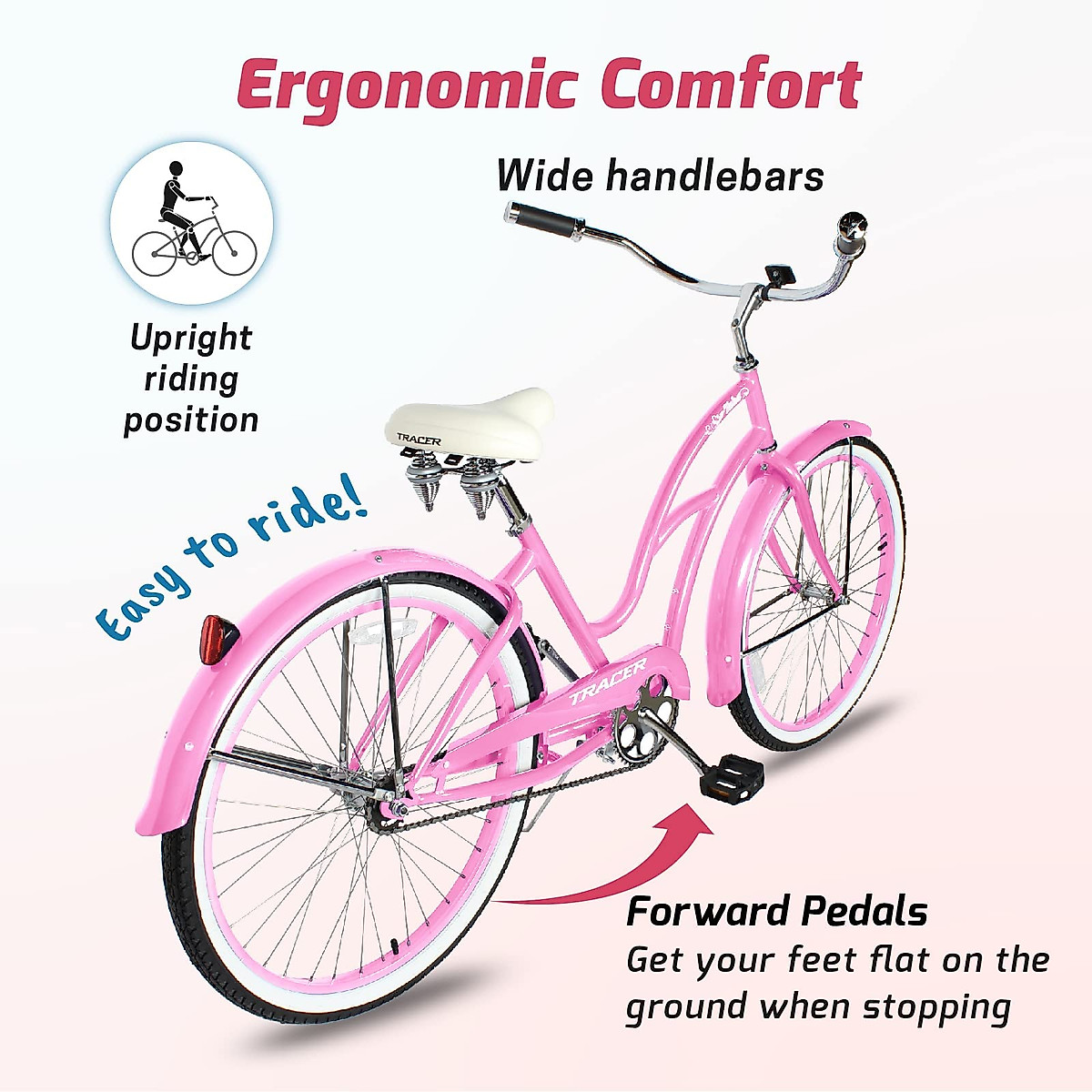 Tracer TAHA Beach Cruiser Bike for Women,26 Inch Wheels,Hi Ten Steel Frame,1 Speed,Coaster Brake,Hybrid Bike for Adults,Complete Cruiser Bikes,Pink
