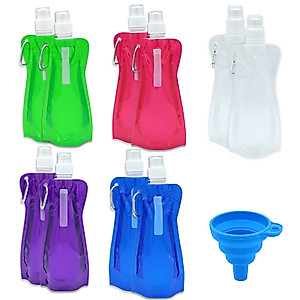 10pcs Collapsible Reusable Water Bottle with Carabiner Clip and folding funnel, for For Gym, Sports, Teams, Hiking, Camping, Biking, Outdoors, Beach, Traveling, Yoga & More, 5 Color