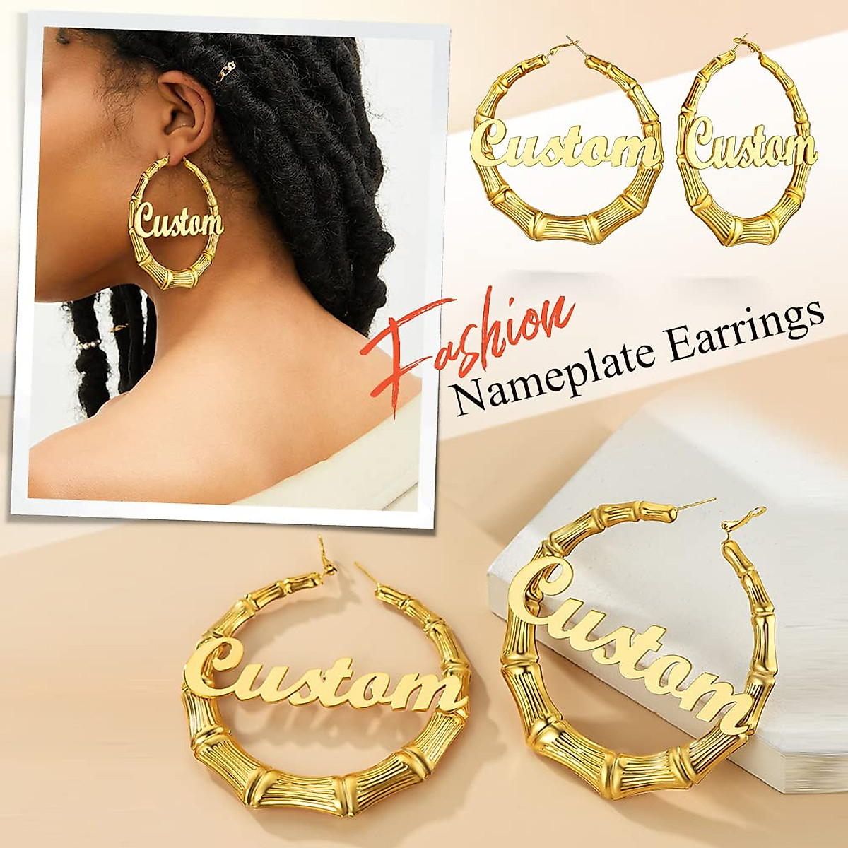 Custom4U Personalized Gold Hoop Earrings with Name Custom Bamboo Elegant Earrings Memory Jewelry Gifts for Women