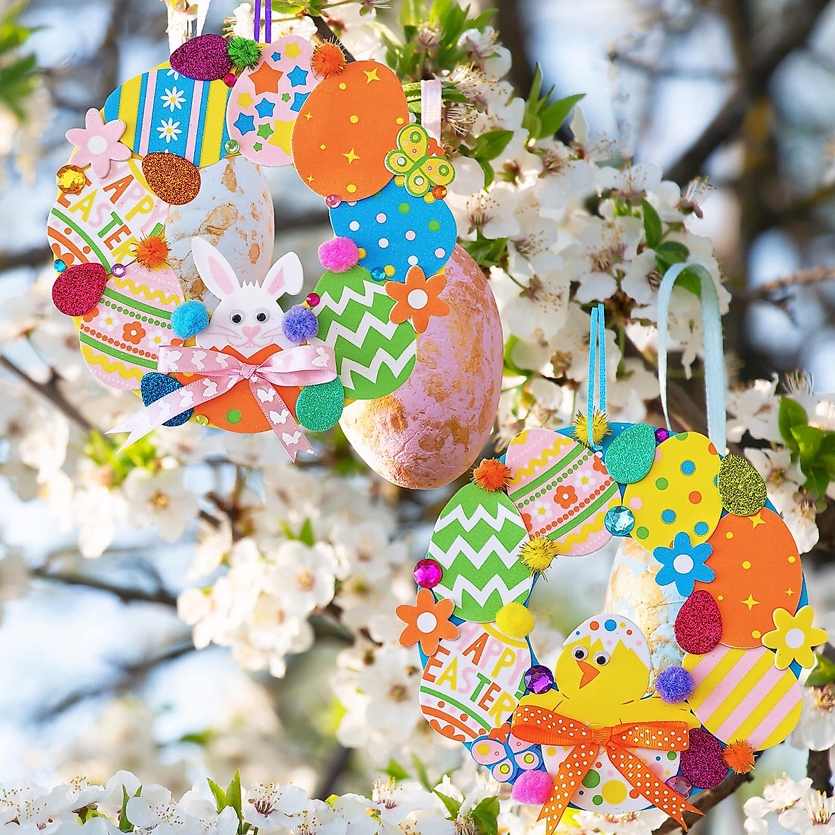 12 Sets Easter Wreath Signs Decorations DIY Foam Easter Craft Kits Easter Eggs Bunny Chick Foam Stickers Pom-Poms Googly Eyes for Kids Classroom Home Activity Art Project Gift Easter Front Door Décor