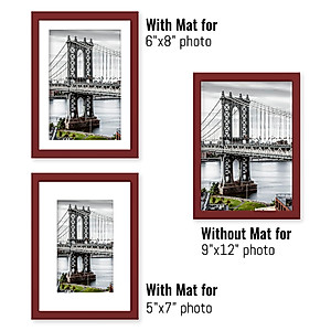 UHFWIFR 9x12 Picture Frames Solid Wood Display Pictures 6x8 or 5x7 with Mat or 9x12 Frame without Mat Poster Photo Frame Art with 2 Mats for Wall Mounting or Table Top(Red)