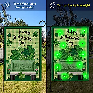 St Patrick's Day Garden Flag with Green Led Lights Good Shamrock Luck Truck Gnome 12 X 18 Inch Double Sided Garden Flag Durable Burlap Shamrock Garden Flag for Lawn Party Outdoor Decorations (Happy St. Patrick's Day)