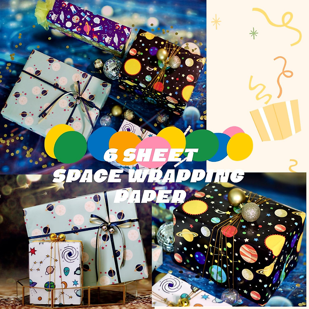 poophe Solar System Wrapping Paper, Space Gift Wrap Paper Set, 5 Pack Folded Outer Space Theme Gift Wrap for Birthday Party Decoration DIY Craft Supplies 70 X 50cm