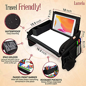 Lamela Kids Travel Tray - Kids Car Seat Lap Tray for Toddler & Kids Car Seat Activities - Learn, Play & Draw with Sturdy Dry Erase Board, Pockets for Cups, Tablet Holder Stand & Kids Stuff Organizer