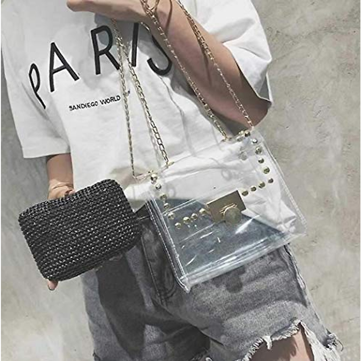 YYW 2 in 1 Clear Purses for Women Clear Clutch Purse, Clear Studded Crossbody Bag Stadium Approved, with Straw Purse (Black)