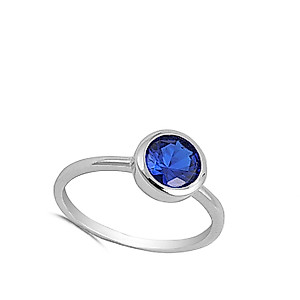 Solitaire Blue Simulated Sapphire Bezel Wedding Ring .925 Sterling Silver Band Size 10