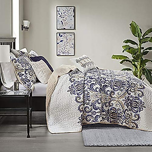 Madison Park Quilt Traditional Damask Design All Season, Lightweight Coverlet Bedspread Bedding Set, Matching Shams, Pillows, King/Cal King(104"x94"), Navy/White 6 Piece