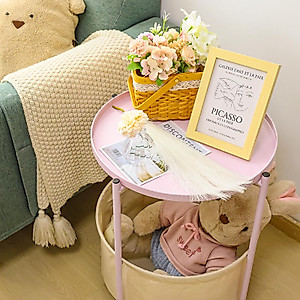 Fixwal Round Side Table, Bedside Table, Pink Nightstand, Metal Side Table with Fabric Storage Basket, Small End Table with Removable Tray, Dresser for Kids Bedroom, Nursery, Laundry