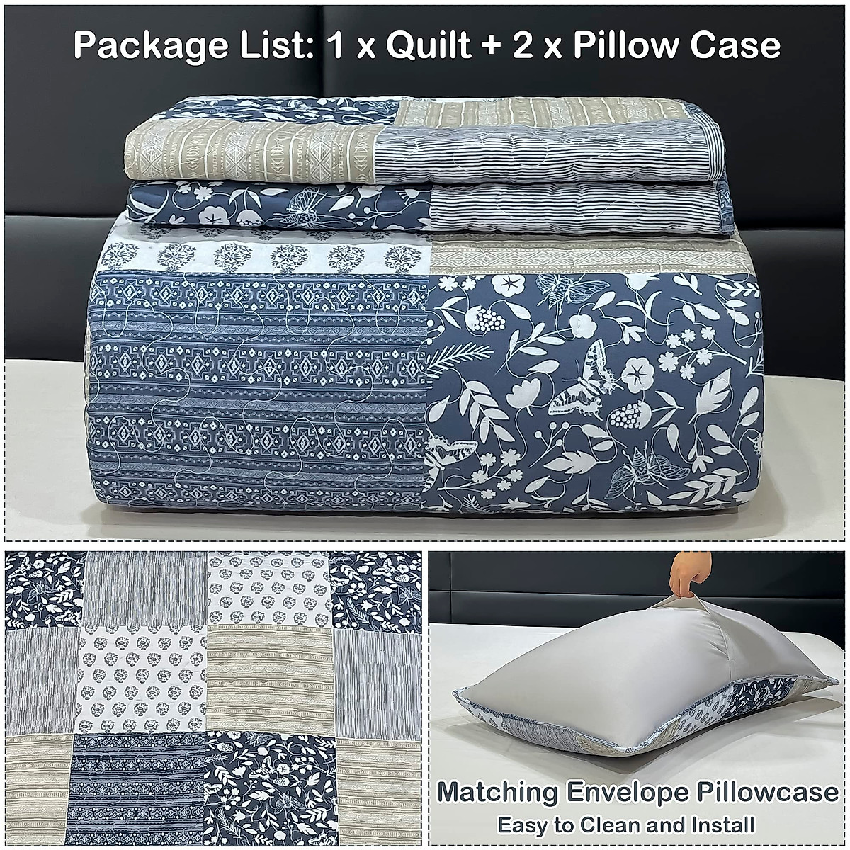 VIVILINEN Queen Size Quilt Set Grey Patchwork Floral Plaid Reversible Quilted Bedspread Coverlet 3-Piece Lightweight Comforter Stitched Bedding Set Bed Sheet Set Cover Blanket with 2 Pillow Shams