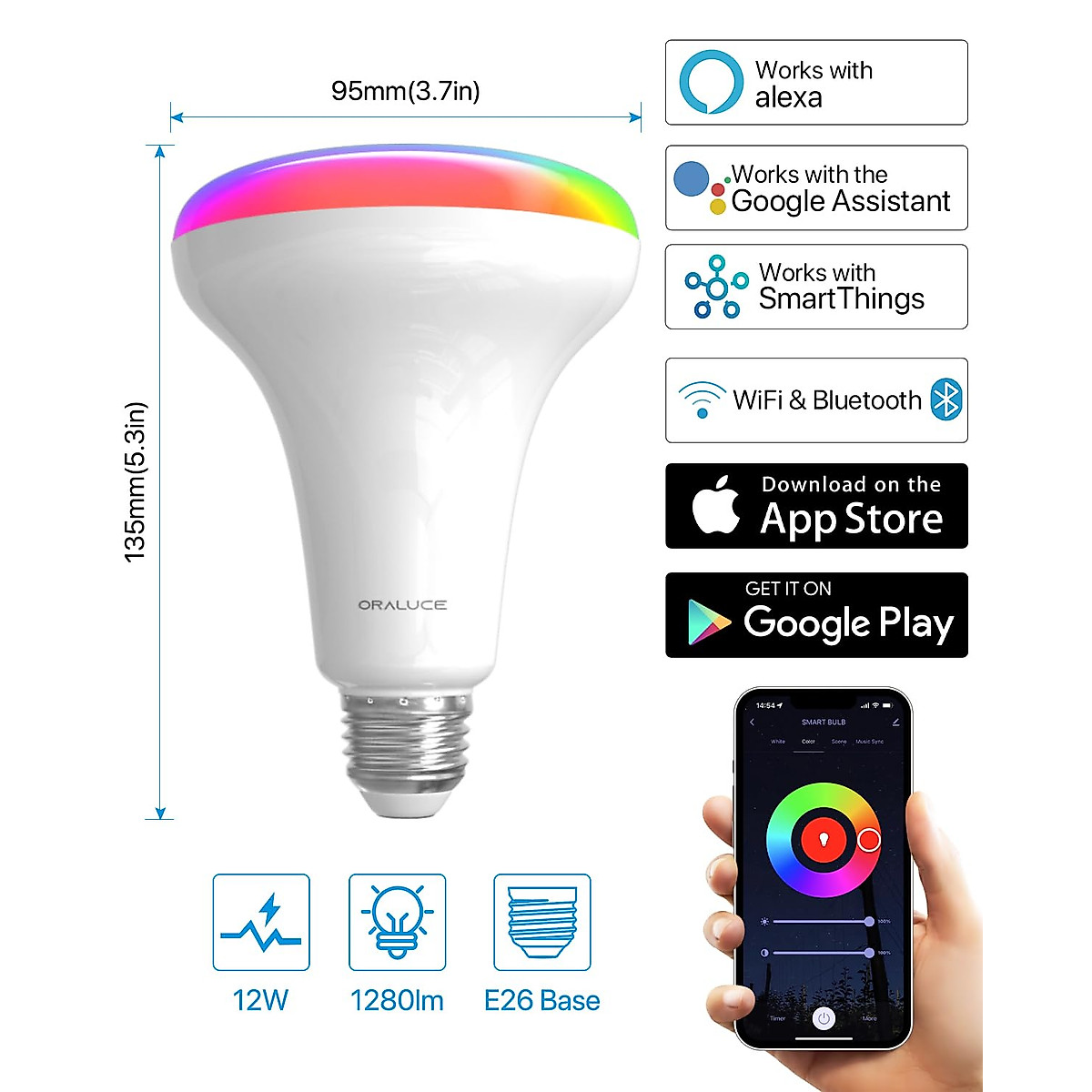 ORALUCE Smart BR30 Bulb, LED Flood Light Bulbs, Works with Alexa Google Assistant, 12W 100W Equivalent, 1280 Lumens, RGBCW 2700-6500K Color Changing Recessed Light Bulbs for Cans, E26 Base, 4 Pack