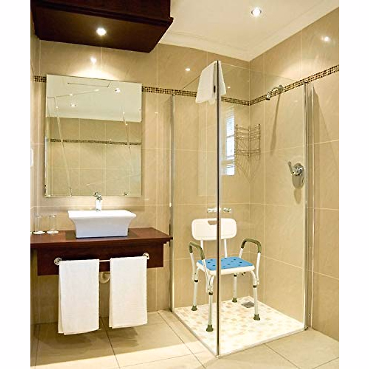 HappyNites Shower Chair with Rails - Shower Seat with Arms for Seniors with Tote Bag and Handles, Tall Shower Chair for Elderly, Handicap Tub Shower Seats for Adults (White Chair with Rail)
