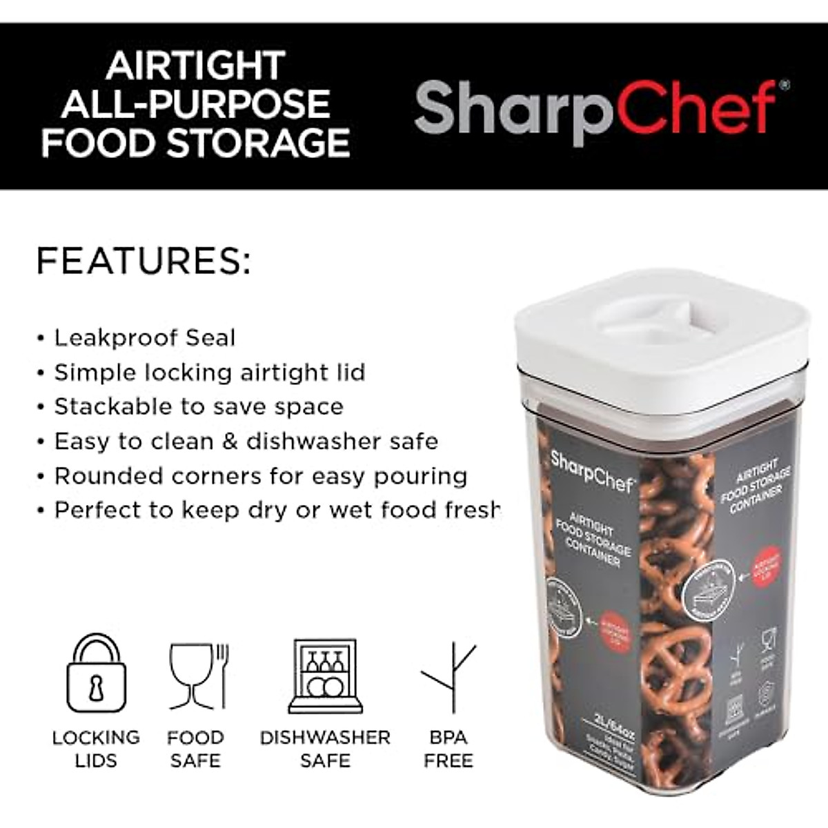 SharpChef Airtight Twist & Lock Food Storage Container with locking lid, Leakproof, Stackable, Kitchen Pantry Organization and Storage, Cereal, Snack, Flour, Sugar, Coffee, BPA-Free (2, 2L)