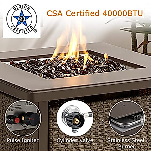 Art Leon 28in Gas Fire Pit Table, 40,000 BTU Outdoor Wicker Patio Propane Fire Pit Table with Lid, 11 Pound Amber Glass Rocks, CSA Certification, for Outside Patio, Garden, Backyard, Khaki