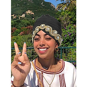 Woeoe Women African Turban Bling Rhinestones Beanie Cap Headwear Pre-Tied Crystal Head Wrap (Black)
