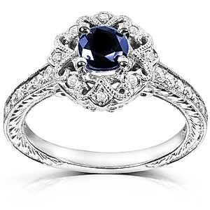 Kobelli Antique Style Round-cut Sapphire and Diamond Engagement Ring 3/4 Carat (ctw) in 14k White Gold, Size 10
