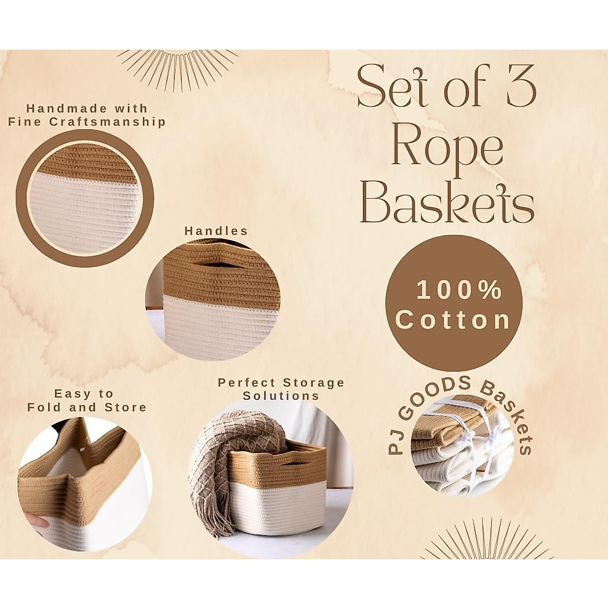 PJGOODS- 3-Pack Cotton Woven Storage Basket with Handles, Great for Organizing Laundry, Blankets, Dog Toys, Baby Toys, Perfect for the Kitchen, Bathroom, Bedroom, Living Room,15x10x9, Beige/White