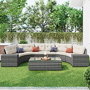 8-Piece Half-Moon Outdoor Sectional Furniture Cushioned Sofa Set, All-Weather PE Wicker Patio Curved Conversation Sets with Rectangular Coffee Table and Side Tables (Beige)