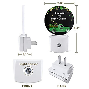 St.Patrick Day Truck Gold Coins Clover Night Lights Plug into Wall, Green Black Auto Round LED Lights with Dusk to Dawn Sensor for Bedroom, Bathroom, Hallway, Kitchen, Kids, Home Decor