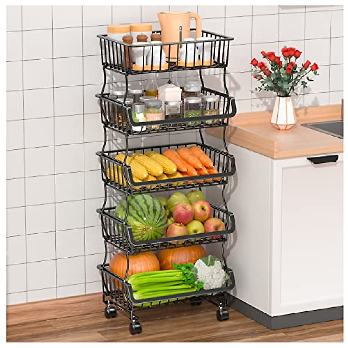 Fruit Vegetable Basket for Kitchen, 5 Tier Stackable Metal Wire Storage Basket Organizer Baskets with Rolling Wheels, Utility Rack for Kitchen, Pantry, Bathroom