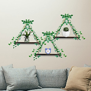 SNOMEL Set of 3 Wood Hanging Shelves with Artificial Ivy & Woven Rope, Rustic Floating Wall Shelves, Hanging Plant Shelf Rack Display for Storage Bedroom Living Room Farmhouse Home Decor