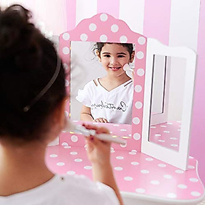 Teamson Kids Princess Gisele Polka Dot Print 2-Piece Kids Wooden Play Vanity Set with Table, LED-Illuminated Tri-Fold Mirror, Storage Drawer, and Matching Stool, White with Pink Polka Dot Accent