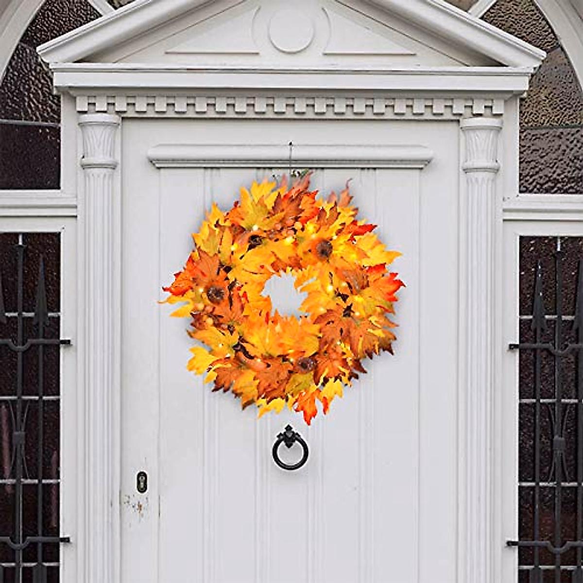 MorTime Thanksgiving Wreath with LED Lights Pumpkin Pinecones Red Berries Maple Leaves, 17" Harvest Day Themed Hanging Silk Fall Door Wreath Welcome Sign for Garden Gate Home Thanksgiving Decorations
