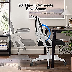 COMHOMA Office Chairs Ergonomic Desk Chair Mesh Computer Chair with Flip Up Armrest Mid Back Task Home Office Chair Swivel Chair with Smooth Casters White