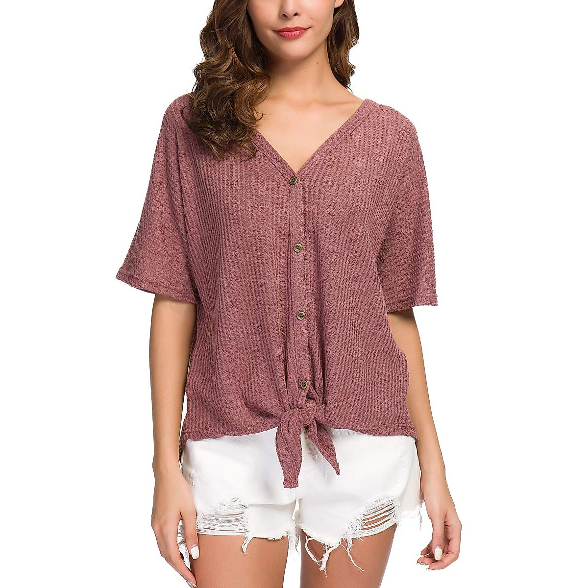 IWOLLENCE Womens Waffle Knit Tunic Blouse Tie Knot Short Sleeve Henley Tops Loose Fitting Bat Wing Shirts Rust Red, XL
