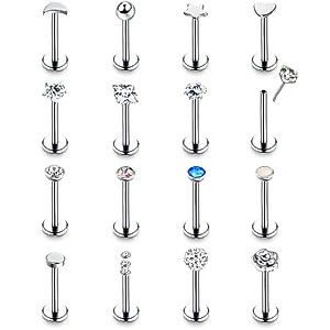 LOAYHOAY 16PCS 16-18G Stainless Steel Threadless Push in Nose Stud Ring for Women Men Lip Ring CZ Flower Heart Cartilage Helix Earring Piercing Set (18 Gauge 6mm)