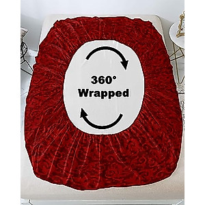 Full Size Fitted Sheet Bed Set Merry Christmas Leaves on Red Deep Pocket Soft Bottom Sheets&Pillowcases for Bedroom Decor Abstract Foliage Texture,Fits Mattress Up to 16" Deep