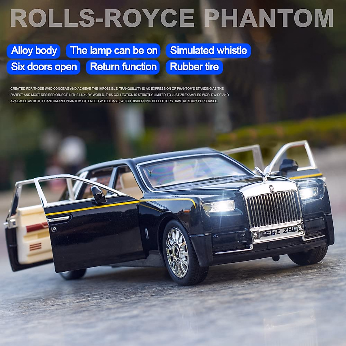 EROCK Exquisite car model 1/24 Rolls-Royce Phantom Model Car,Zinc Alloy Pull Back Toy car with Sound and Light for Kids Boy Girl Gift. (Black)