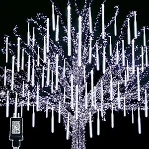 TAO XIANG QI 288 LED Christmas Lights Meteor Shower Rain Outdoor Decor, 8 Tube 12.2 Inch Waterproof Plug in Falling Fairy String Light Decoration Tree Holiday Party Home (Cool White)