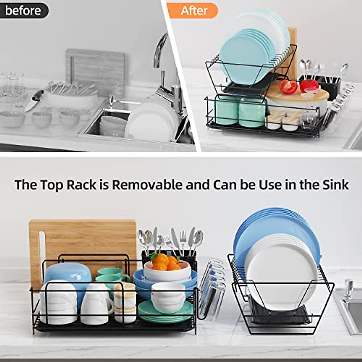 Buruis 2 Tier Dish Drying Rack with 2 Drainboard, Small Dish Rack with Cutting Board Cutlery Holder, Cup Rack, Compact Metal Dish Drainer Tray for Kitchen Counter Cabinet (Black)