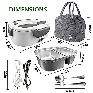 Electric Lunch Box Food Heater, Yokgrass 2-Compartment Fast Heating Adults Food Warmer for Car Truck and Home, Protable, Leak Proof, with 1.5L Stainless Steel Container, Fork, Spoon and Insulation Bag