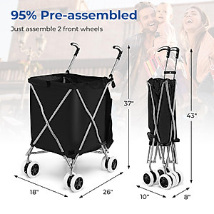 COSTWAY Folding Shopping Cart, Portable Grocery Cart on Wheels with Removable Waterproof Oxford Cloth Liner, Transport Up to 120 Pounds, Lightweight Utility Cart for Groceries, Laundry (Black)