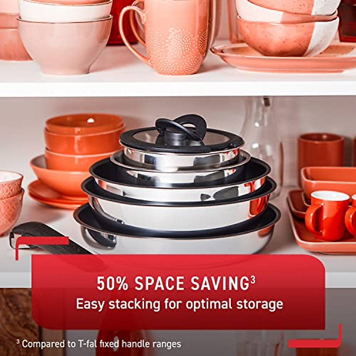 T-fal Ingenio Stainless Steel Cookware Set 4 Piece Induction Stackable, Detachable Handle, Removable Handle, RV Cookware, Cookware, Pots and Pans, Oven, Broil, Dishwasher Safe Silver