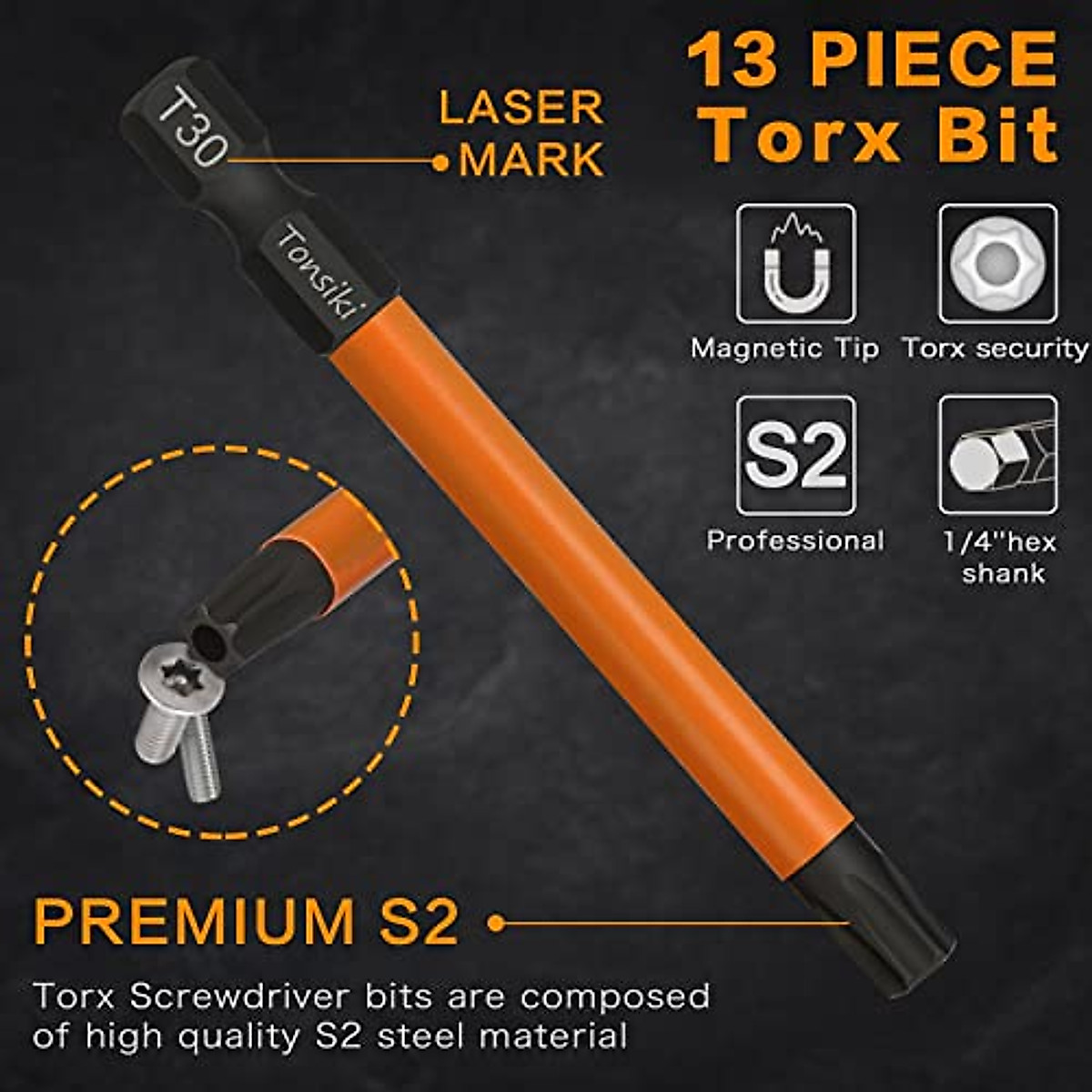 Torx Bit Set, Tonsiki 13PCS Security Torx Bit Set, Tamper Resistant Star Bits Set S2 Steel, 1/4'' Hex Shank Screwdriver Bit with Magnetic, 3'' Long, T5-T40