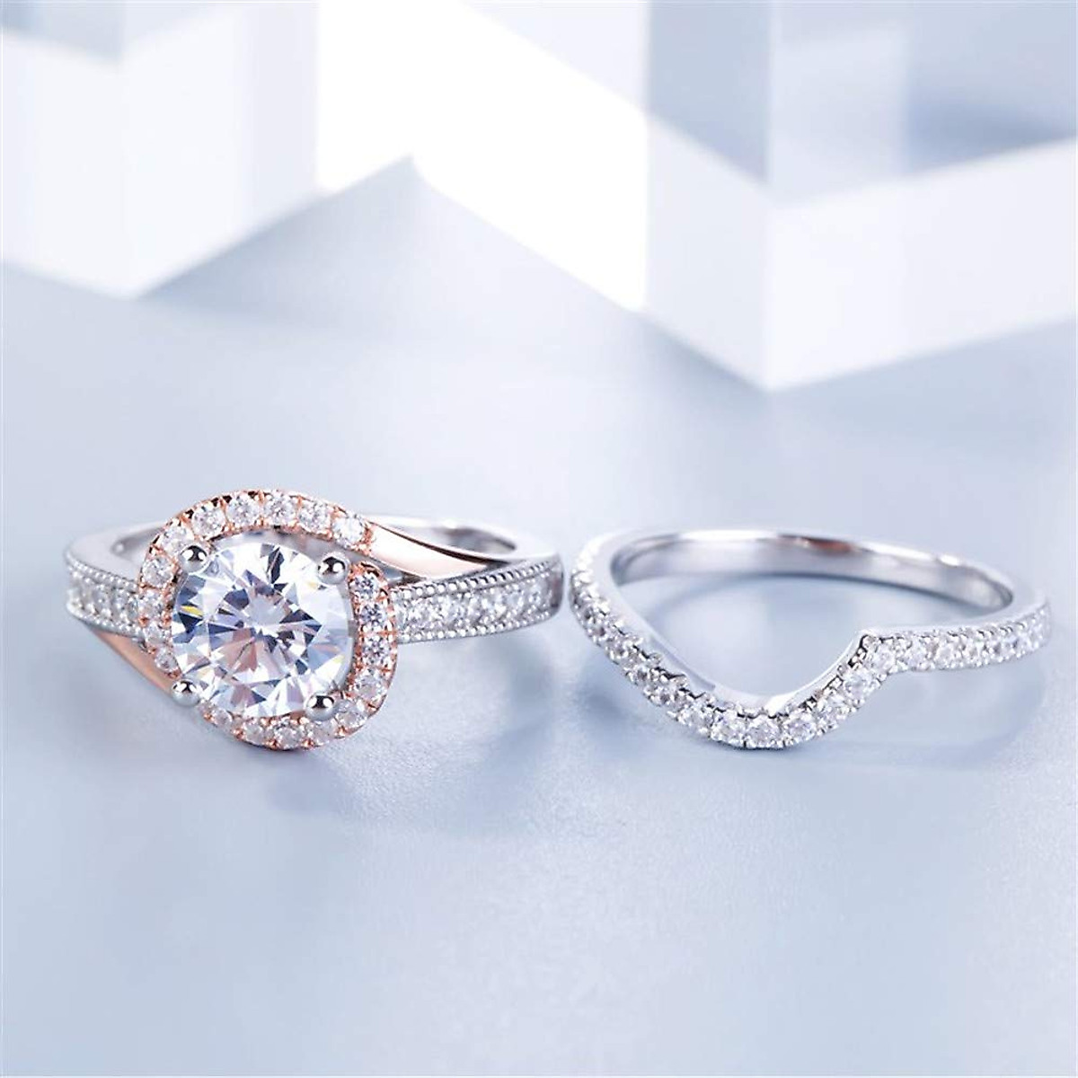 Jeulia Split Shank Halo Diamond Engagement Ring Sterling Silver CZ Wedding Set Round Cut Solitaire Bridal Set Promise Anniversary Rings with Jewelry Box (9.5)