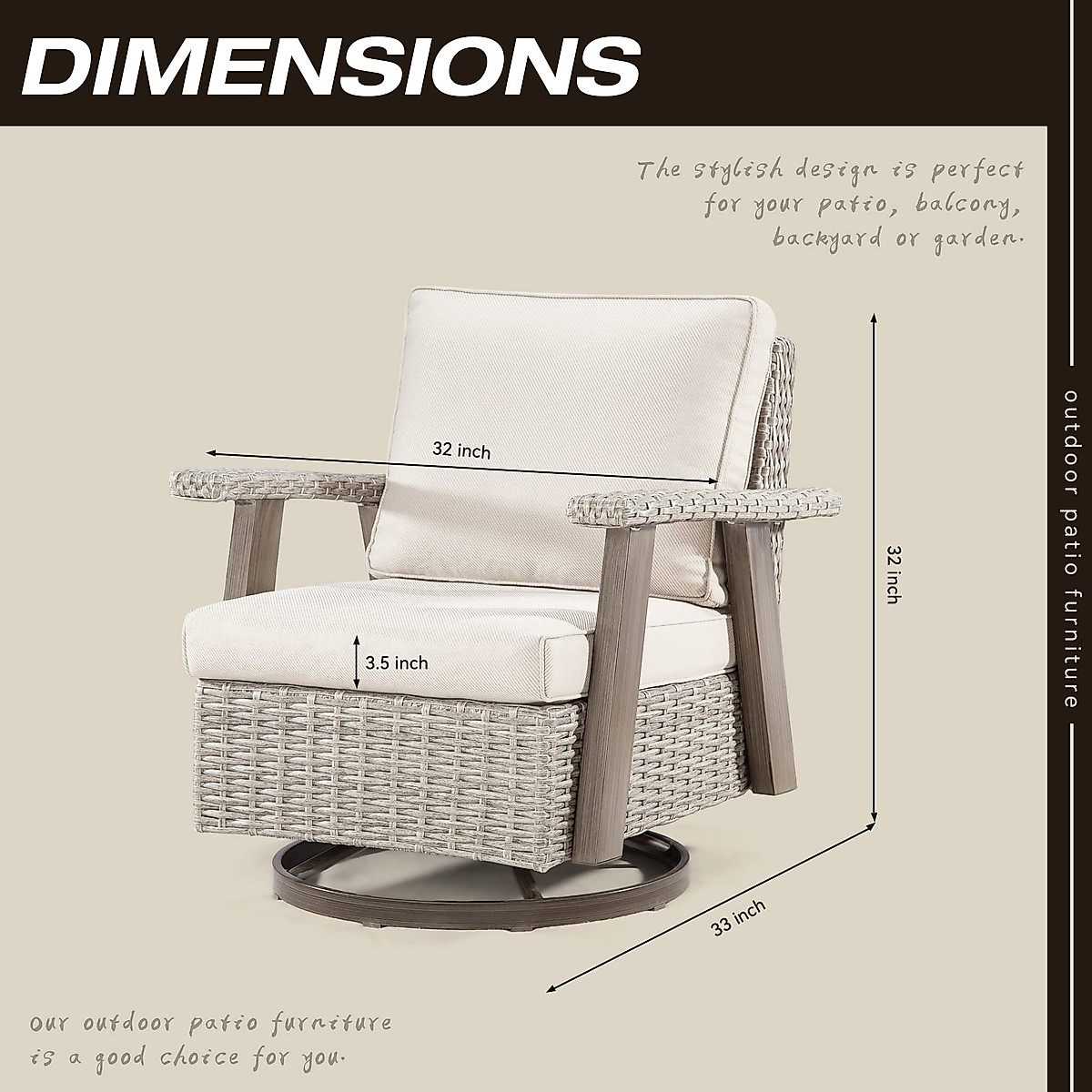 Gardenbee Patio Chair Set of 2 - Outdoor 360°Swivel Rocker Chair with Durable Fabric Cushion and Ergonomic Structure, Patio Wicker Dining Chair(Grey/Beige)
