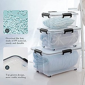 LQDSJTU Plastic Storage Bins Tote Organizing Container with Durable Lid and Seal and Secure Latching Buckles and Wheels，Clear,3 Pack（Three sizes：L-32qt M-19qt S-12qt）