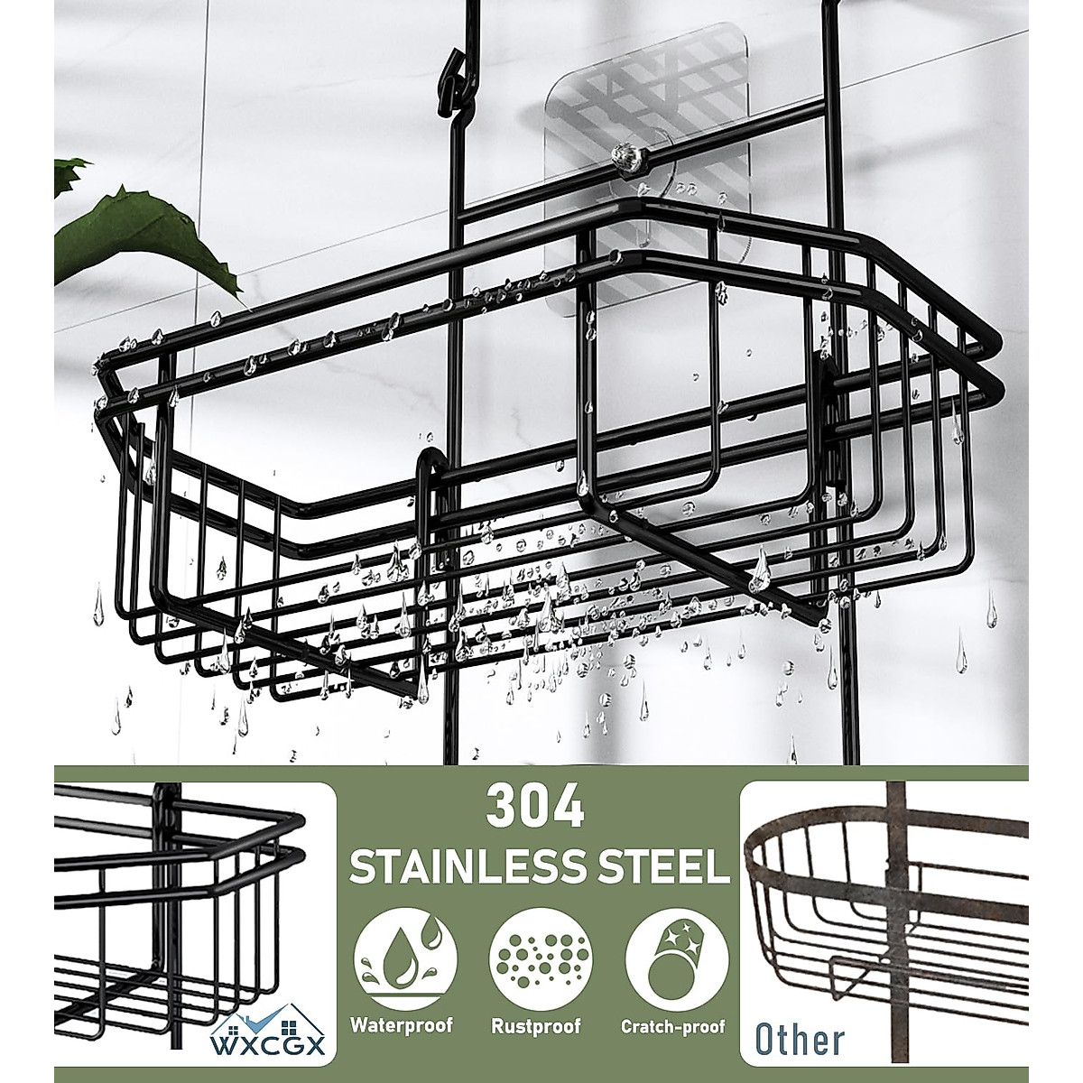 WXCGX Hanging Shower Caddy Over Shower Head Organizer: Stainless Rustproof Bathroom Shower Storage Rack Basket with Soap Holder, Hooks - Large Capacity Shower Shelf for Shampoo, Conditioner, Body Wash