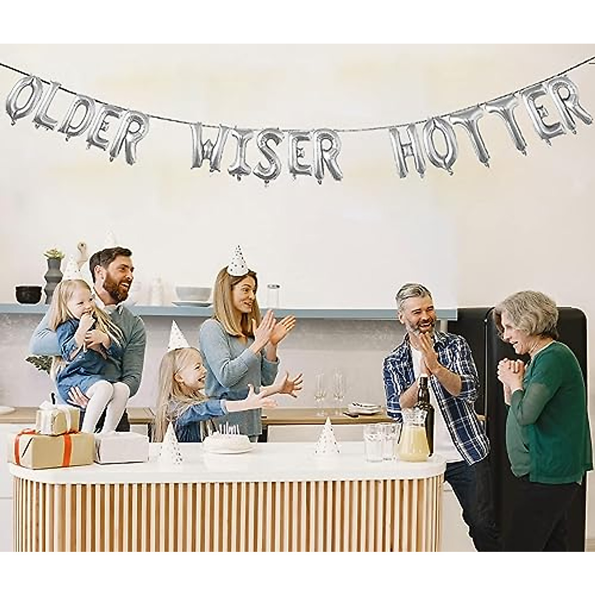 Older Wiser Hotter Balloon, Silver Birthday Decorations, Happy Birthday Banner for 30th 40th 50th 60th 70th 80th Birthday Party Supplies