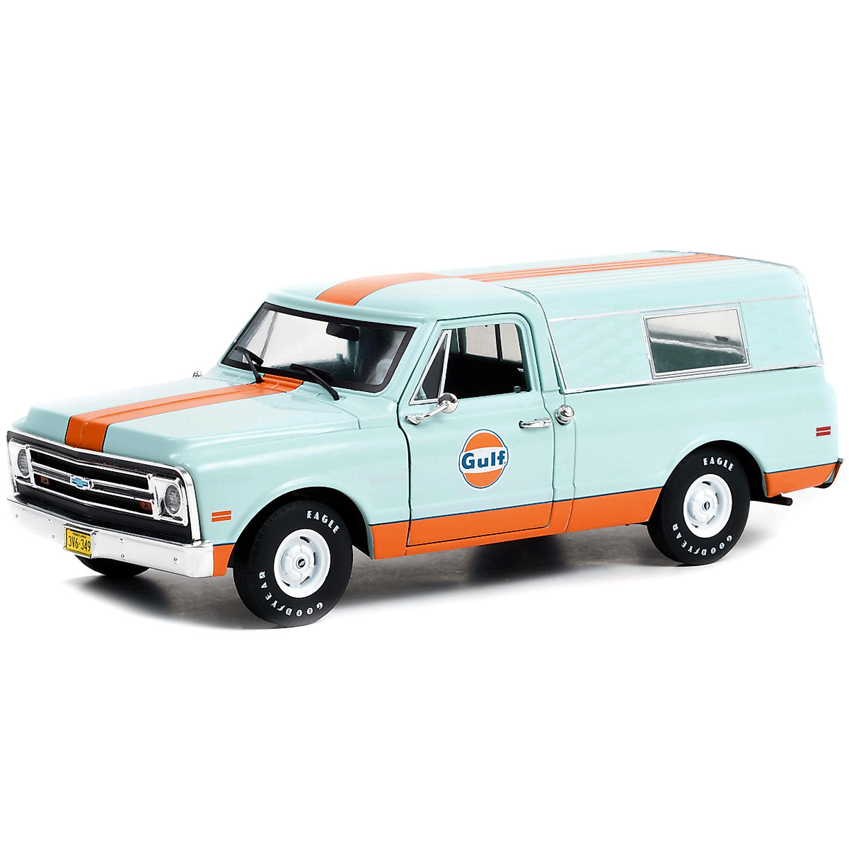 Toy Cars 1968 Chevy C-10 Pickup Truck Light Blue w/Orange Stripes w/Camper Shell Gulf Oil Running on Empty Series 5 1/24 Diecast Model Car by Greenlight 85062